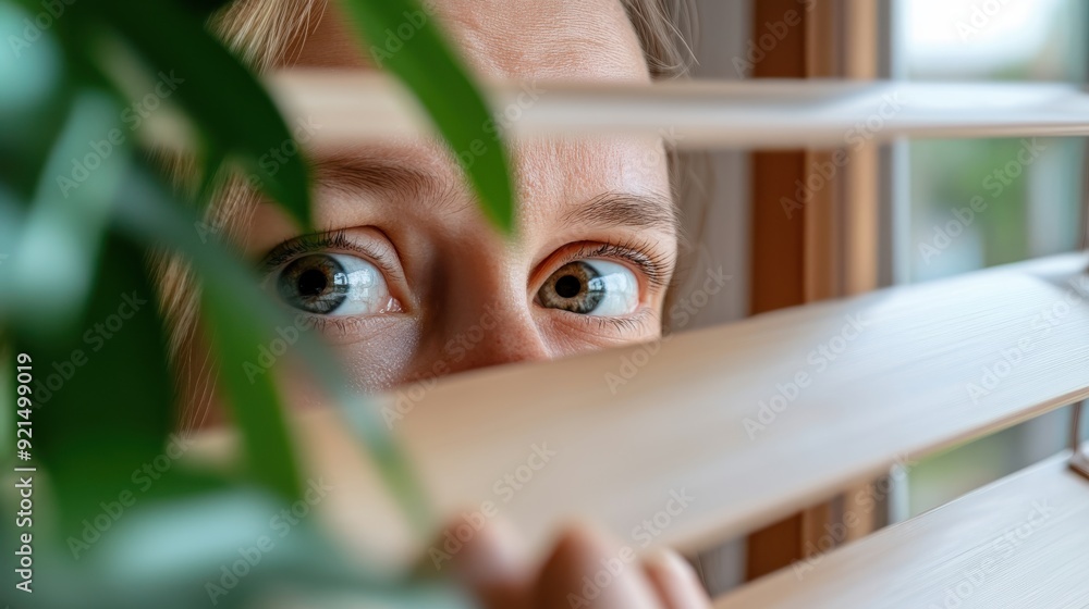 An individual peers through window blinds with glowing eyes, signifying ... An individual peers through window blinds with glowing eyes, signifying ...