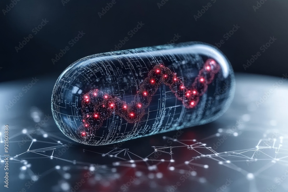 Futuristic capsule with neural network connections depicting smart drug ...