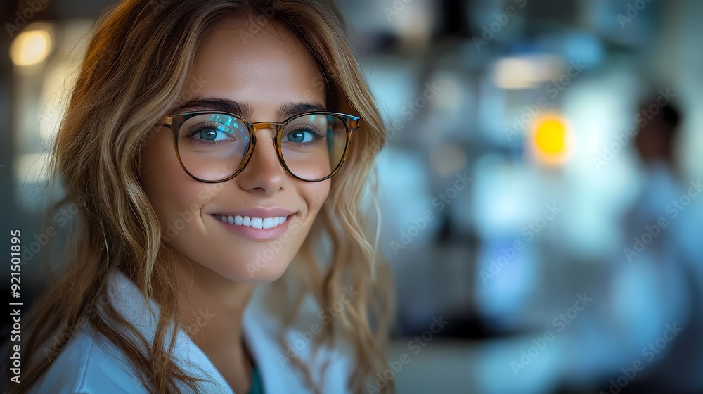 Optometry, vision, and woman testing on new prescription frame. smiley ...