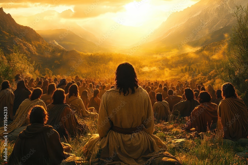 serene mountainside scene with jesus addressing a diverse crowd using ...