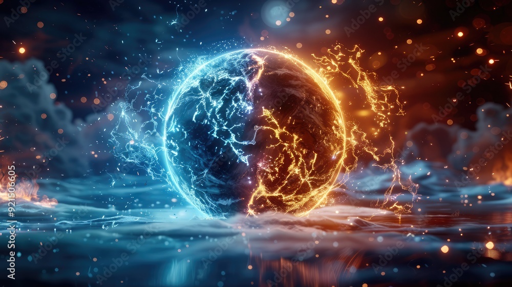 A surreal image of a planet divided into fire and ice, representing the ...