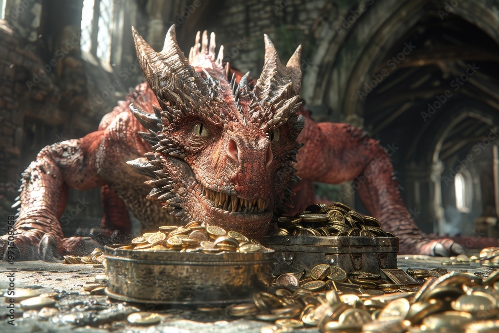 Epic Red Dragon Guarding Treasure in Ancient Castle Ruins During ...