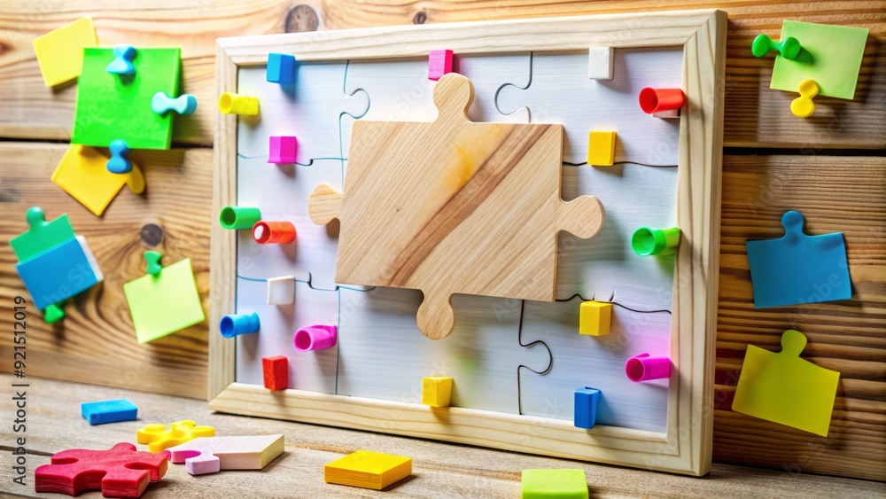 A wooden puzzle piece fitting into a complex diagram on a whiteboard ...