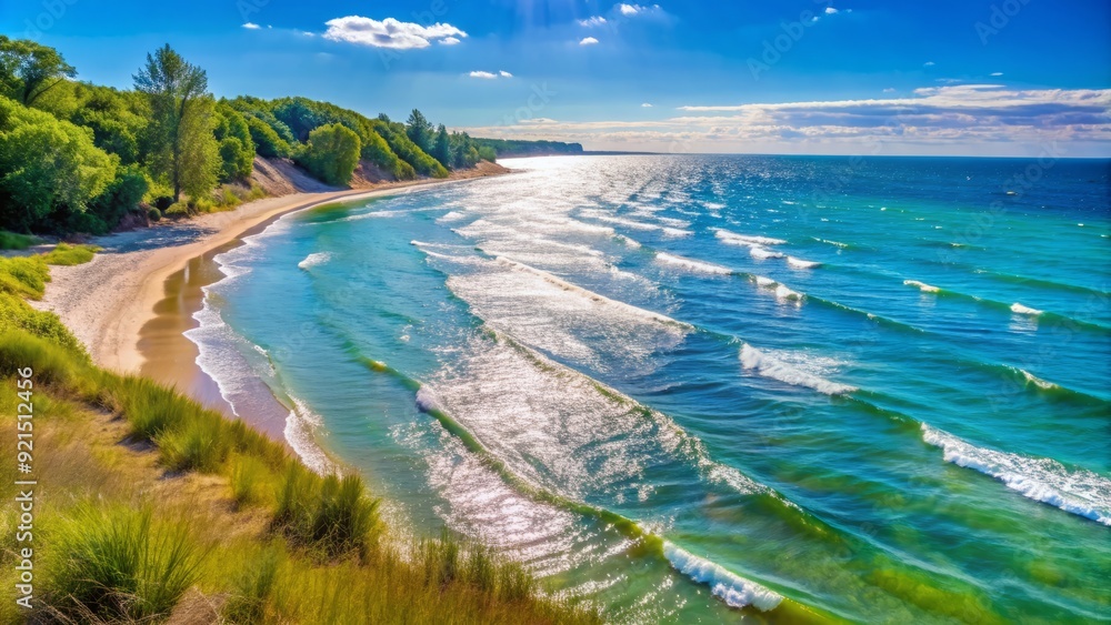 Bright blue waters of Lake Michigan sparkle against the scenic ...