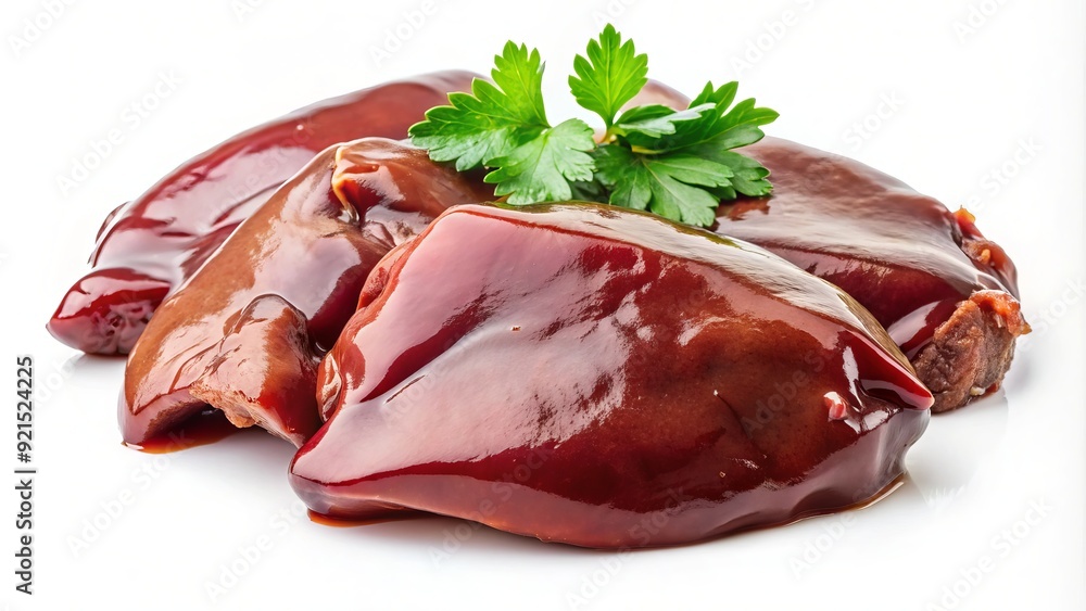 Freshly butchered raw chicken liver on a white background, glistening ...