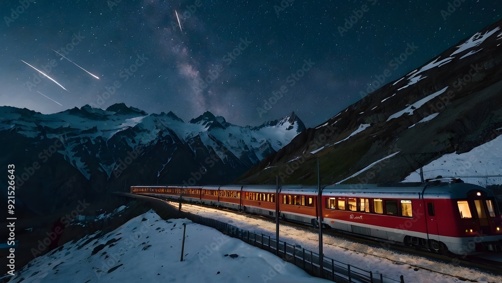 A luxury train, the Glacier Express, winds its way through the snow-capped Swiss Alps as a rare ...