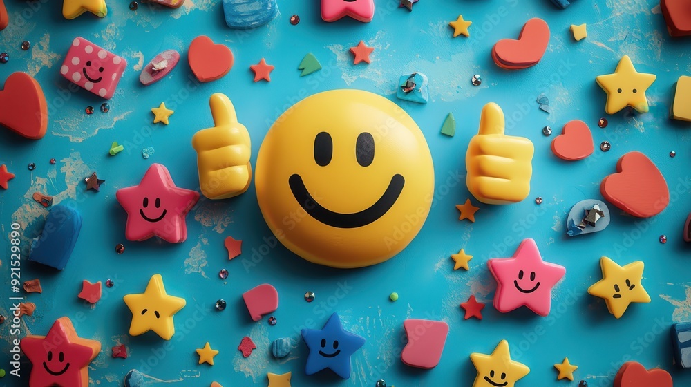Smiley face surrounded by positive symbols, thumbs-up gestures, stars ...
