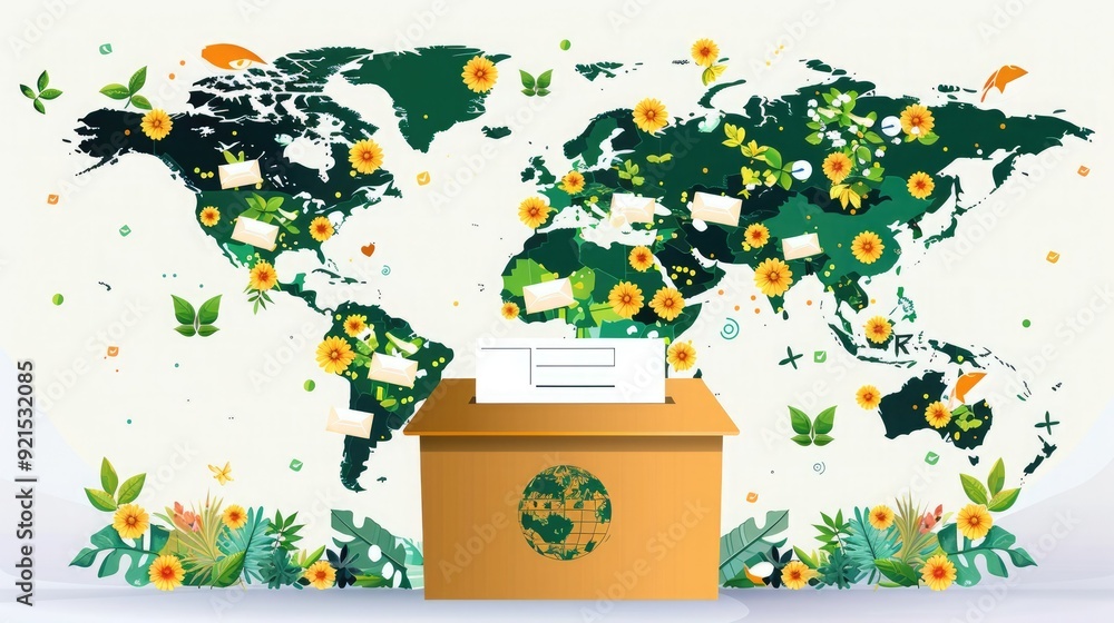 Illustration of a global voting box with a world map and plants ...
