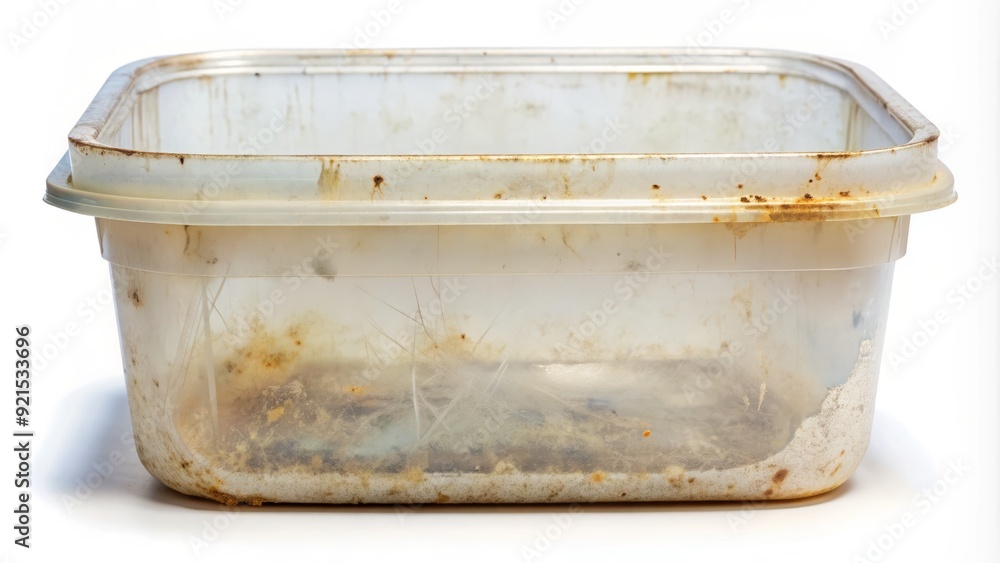 Old, faded, and cracked plastic container with scratches and ...