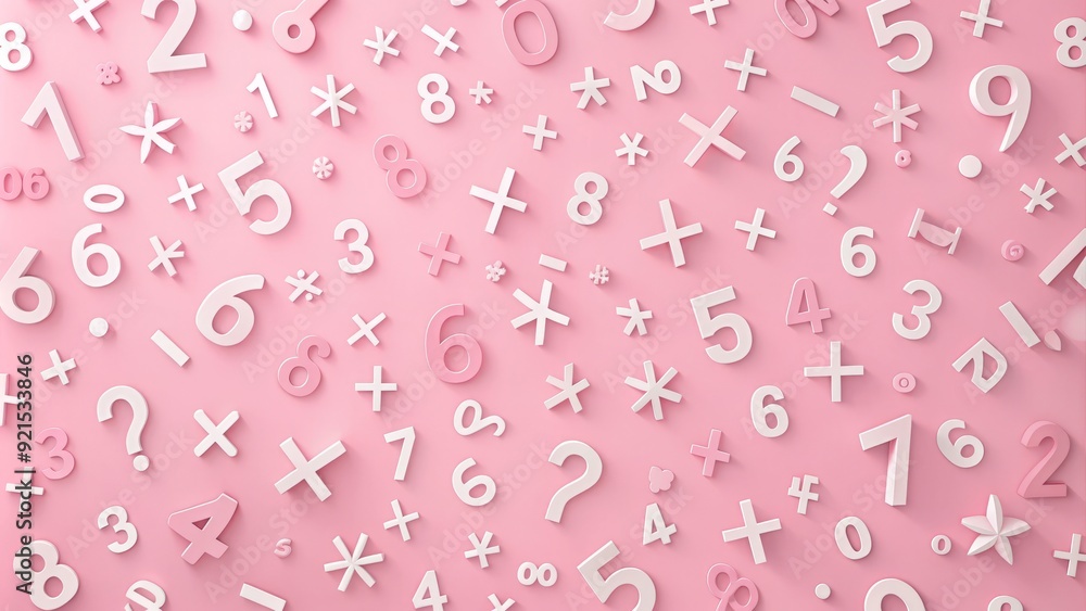 Pastel pink background with scattered numbers and mathematical symbols ...