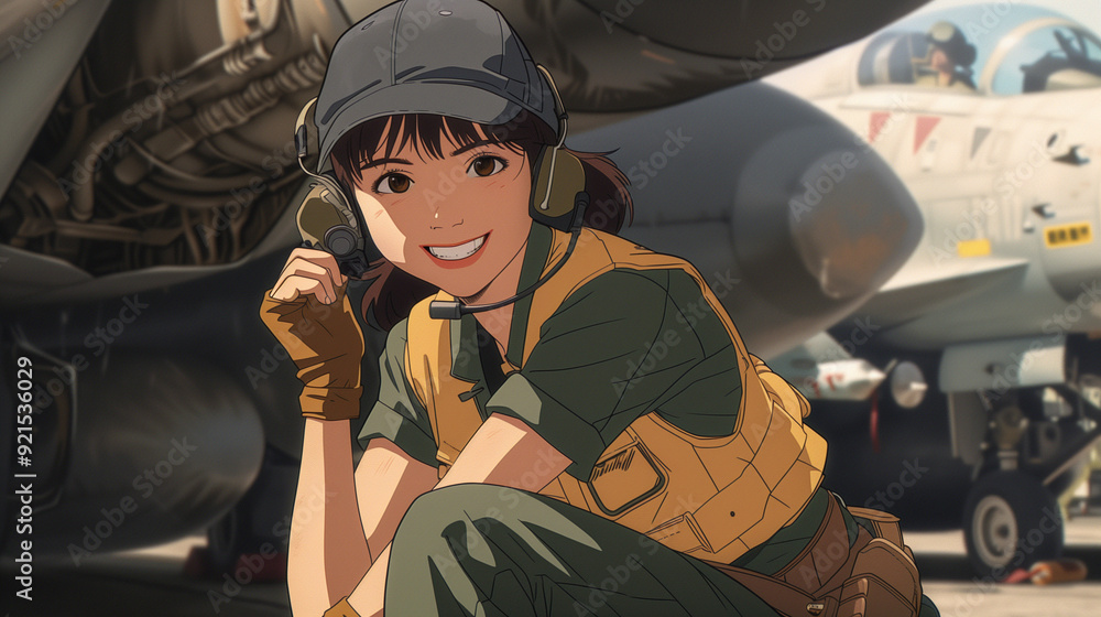 A cheerful female aircraft technician in anime style, kneeling by a jet ...