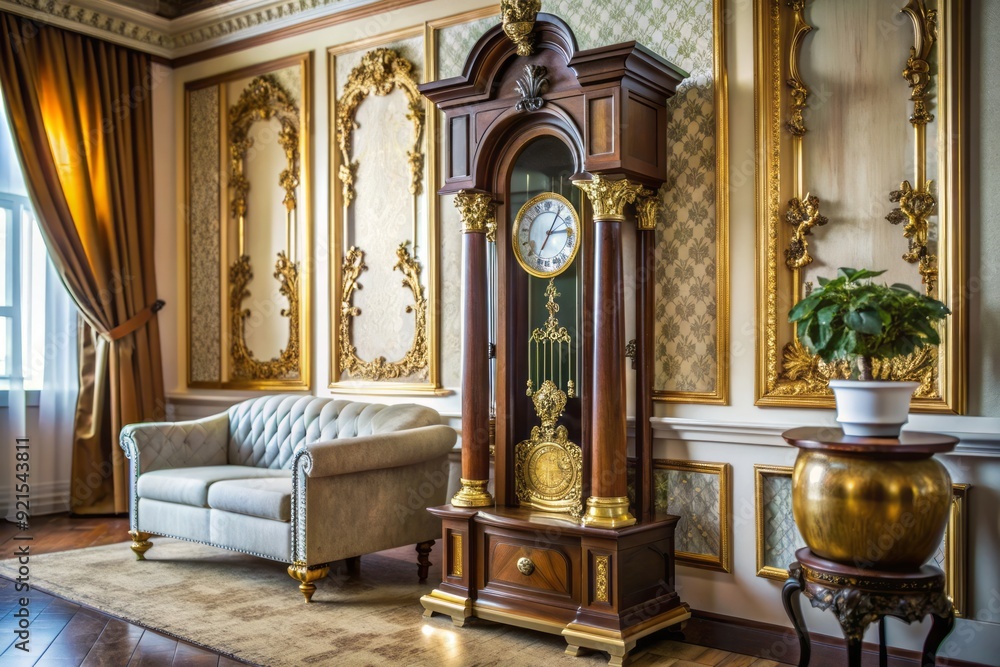 Elegant grandfather clock with intricately carved wooden details ...