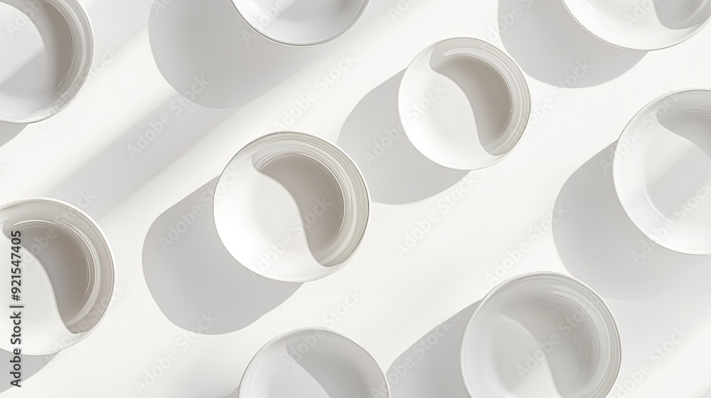 A top-down view of white ceramic bowls and plates on a white background ...
