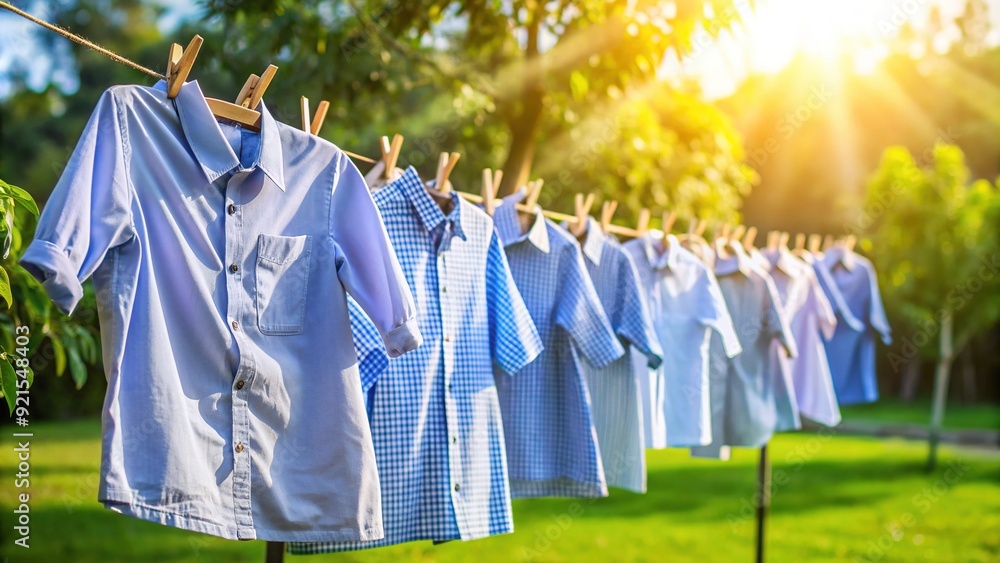 Freshly laundered and ironed uniforms hang on a clothesline, flapping ...