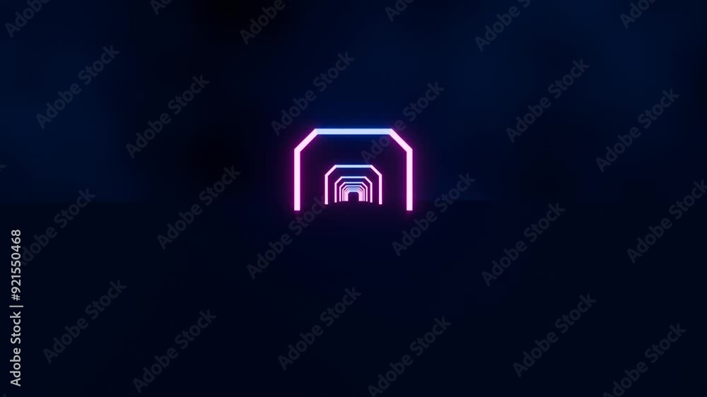 abstract neon light glowing in a dark, flying forward through ...