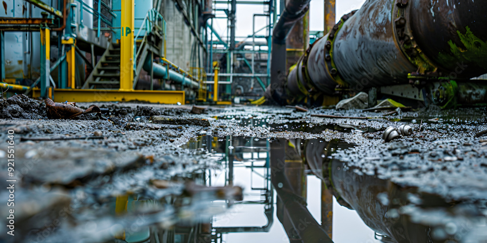Rusty steel pipe in factory, water drainage , radioactive container ...