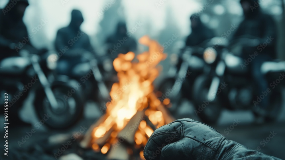 Post-apocalyptic biker gang in worn-out leather, gathering around a ...