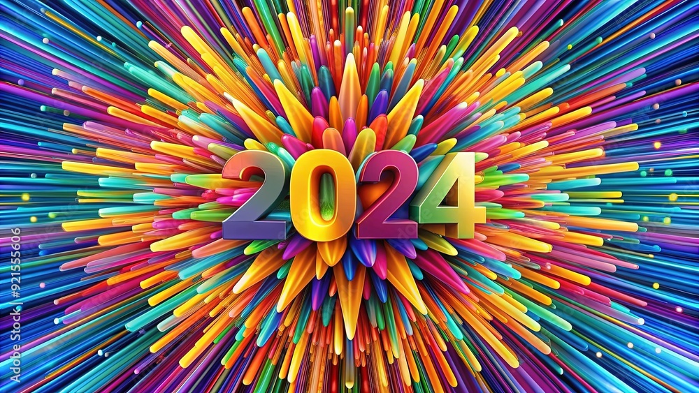 Vibrant 2024 numerals burst forth from a kaleidoscope of colors in a ...