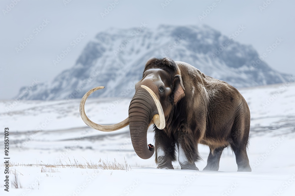 Woolly mammoth in a snowy tundra, showcasing its massive size and thick fur minimalist, graphics ...