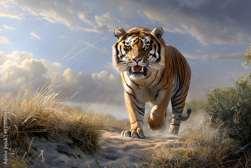 Saber-toothed tiger in a prehistoric landscape, emphasizing its long ...