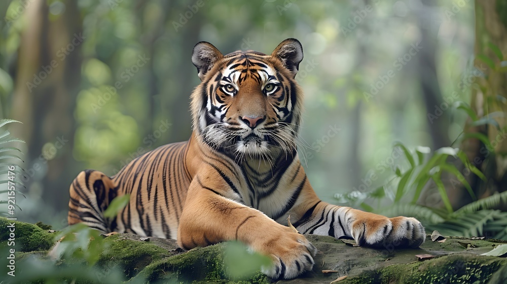 Bali tiger resting in a tropical forest, displaying its unique striped ...