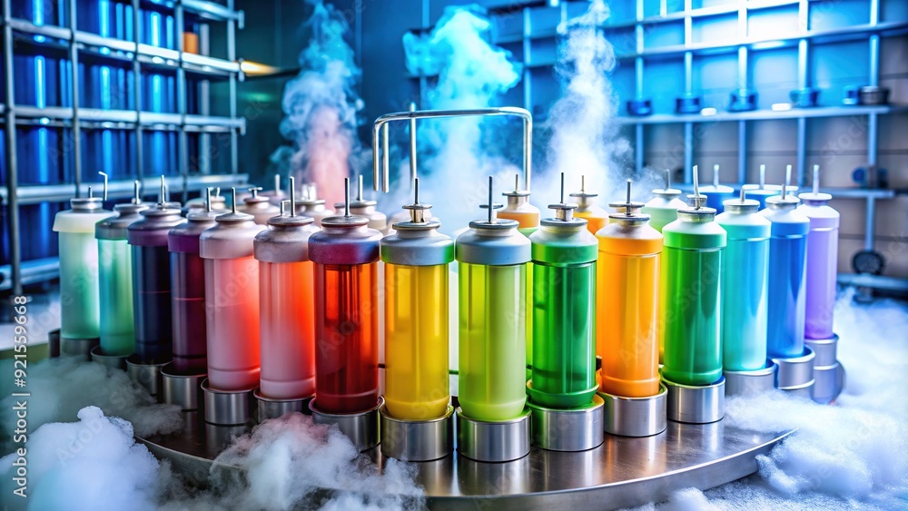 Colorful cylinders of liquid nitrogen stacked inside a laboratory ...