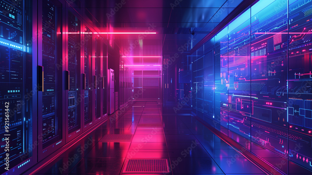 a digital fortress or secure server room with fortified walls ...