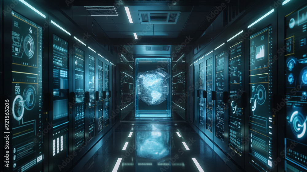 a digital fortress or secure server room with fortified walls ...