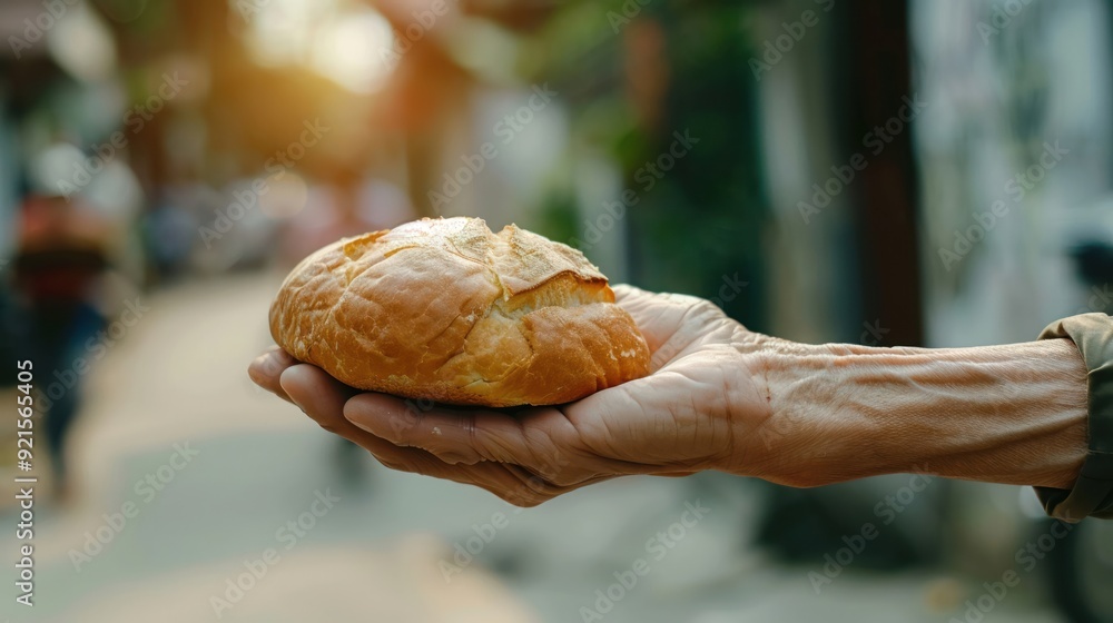 An act of charity shown through hands offering bread to the needy in a ...