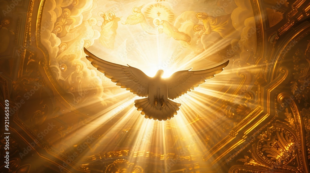 The descent of the Holy Spirit depicted as a dove in a radiant Stock ...