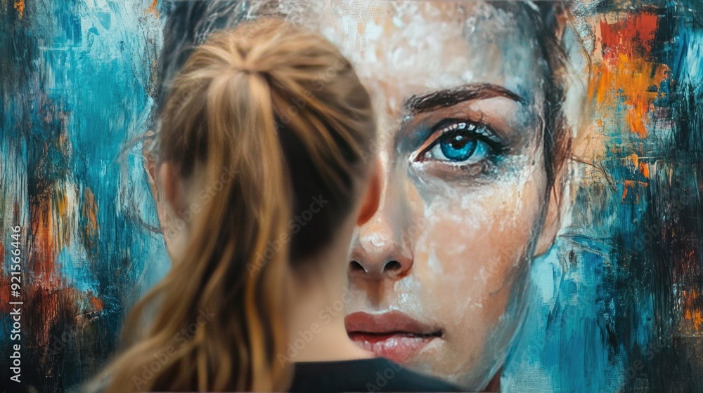 Person engaging in mindful art appreciation, observing each detail of a ...