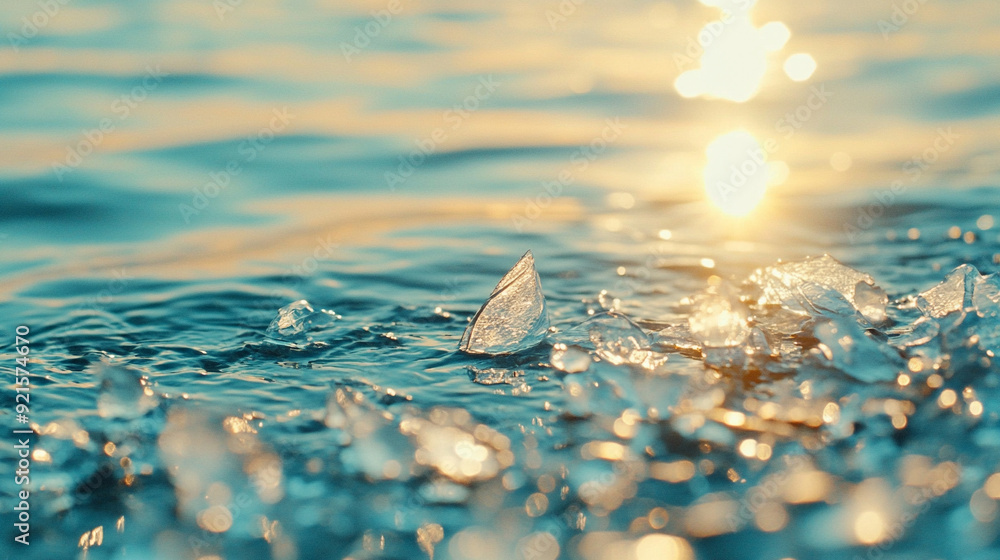 polluted ocean with plastic debris floating under sunlight ...