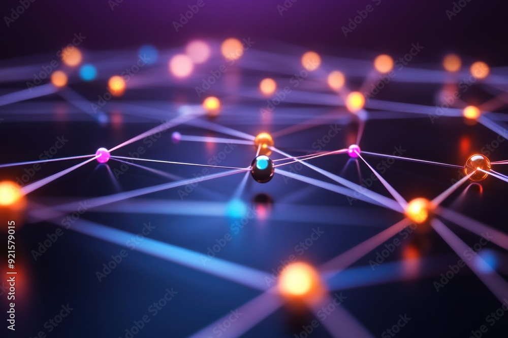 An abstract graph with connected nodes forms a complex 3D network ...