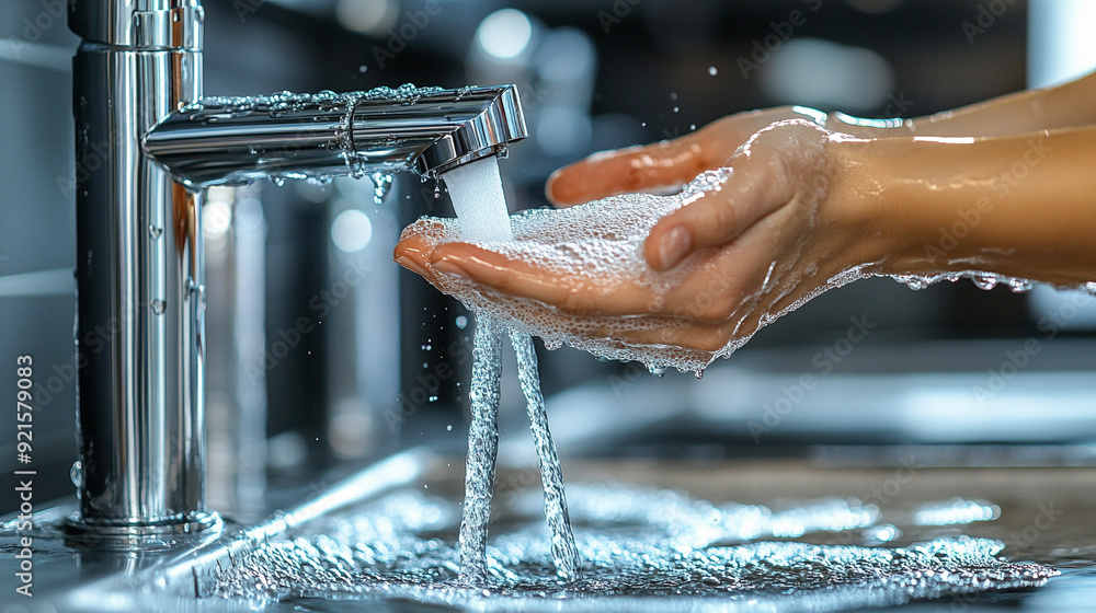 woman's hand washing with water, symbolizing cleanliness, hygiene, and ...