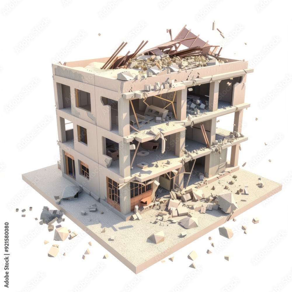 3D Render, Low Poly style of collapsed building with fallen debris and ...