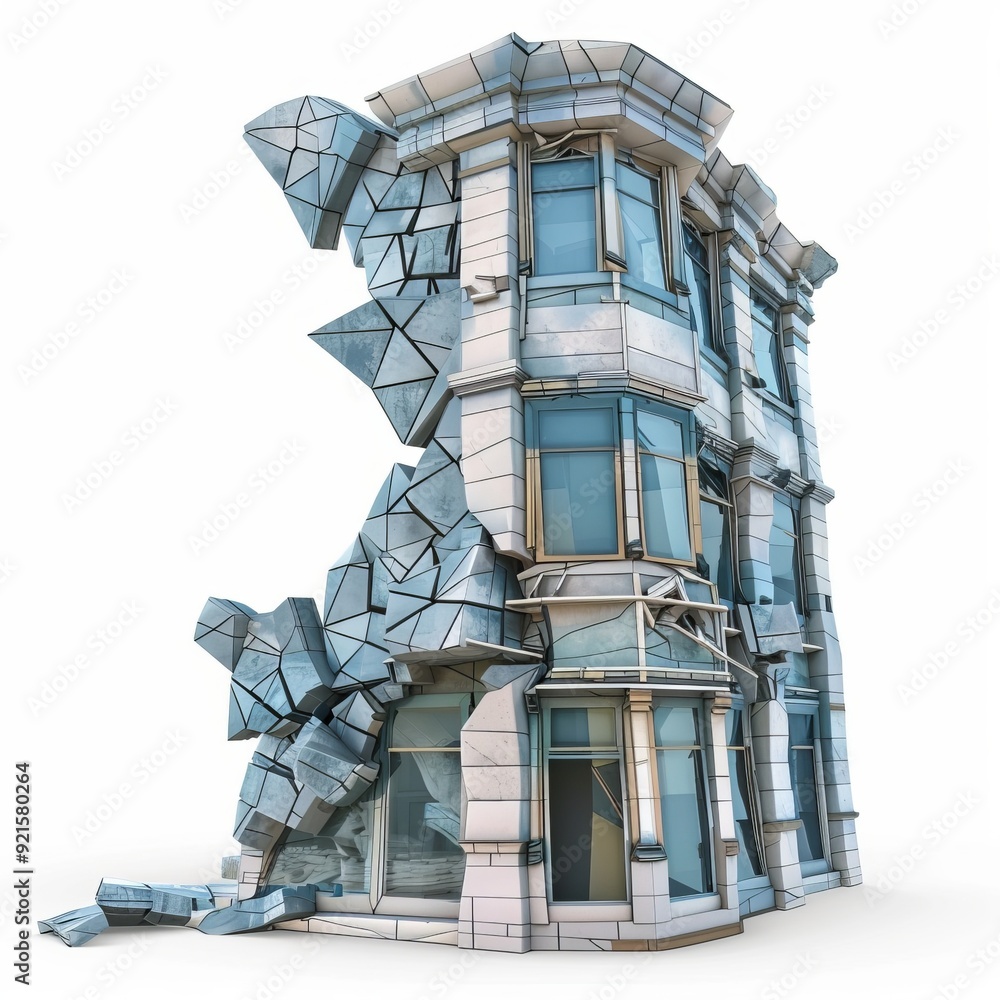 3D Render, Low Poly style of demolished building with broken columns ...
