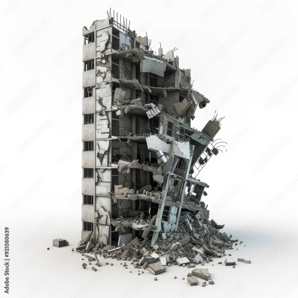 3D Render, Low Poly style of destroyed high-rise building with a gaping ...