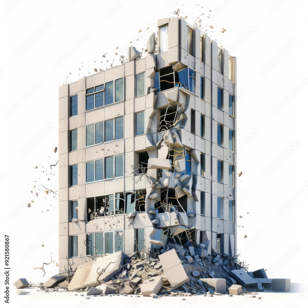 3D Render, Low Poly style of devastated office building with cracked ...