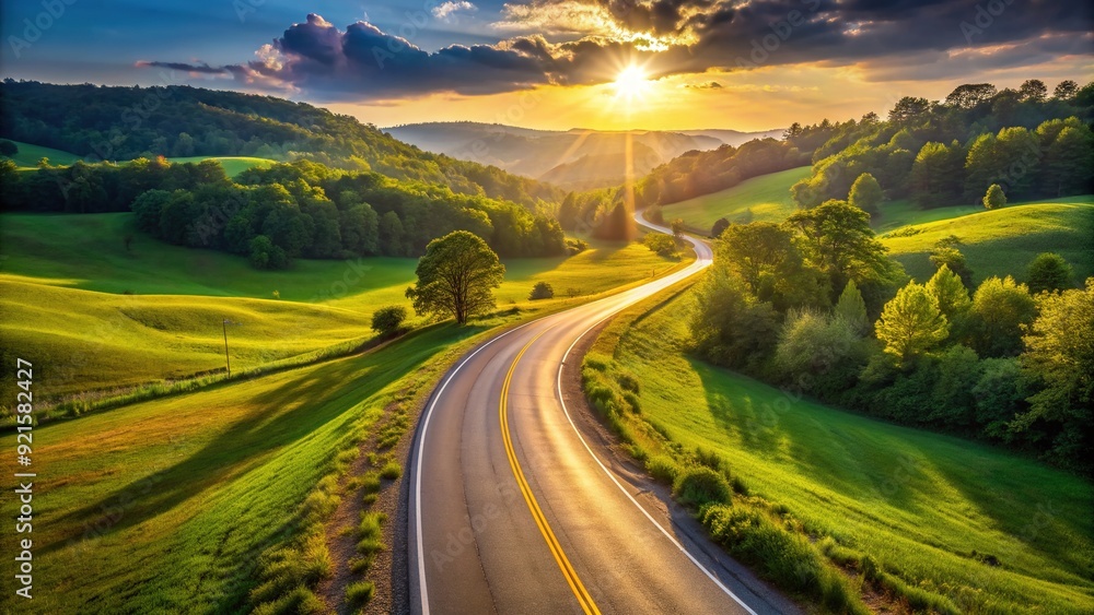 Winding asphalt highway cuts through rolling hills and lush green ...