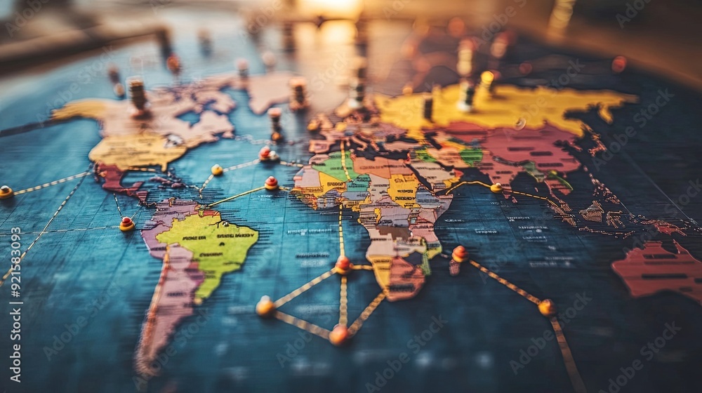 Detailed view of a world map on a corporate strategist's table, marked ...