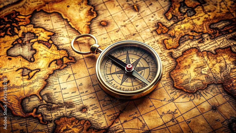 Illustrated navigation tools on a vintage map, featuring a classic ...