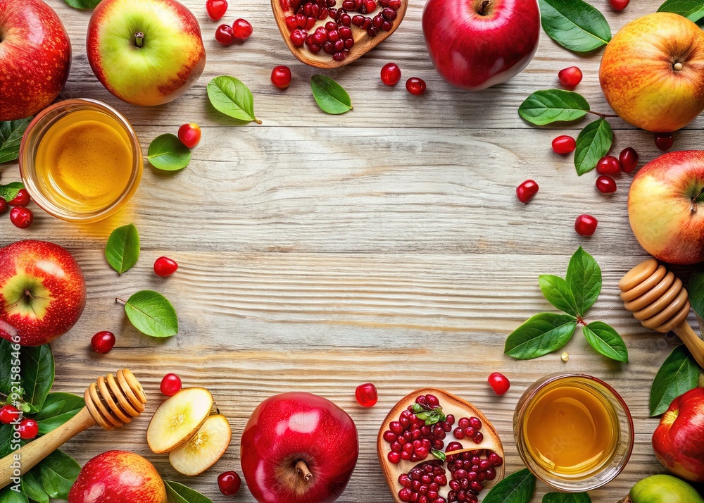 Vibrant Rosh Hashanah background features a decorative border of apples ...
