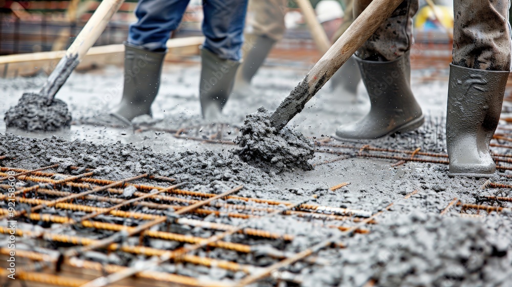 Construction workers pouring concrete into forms, working efficiently ...