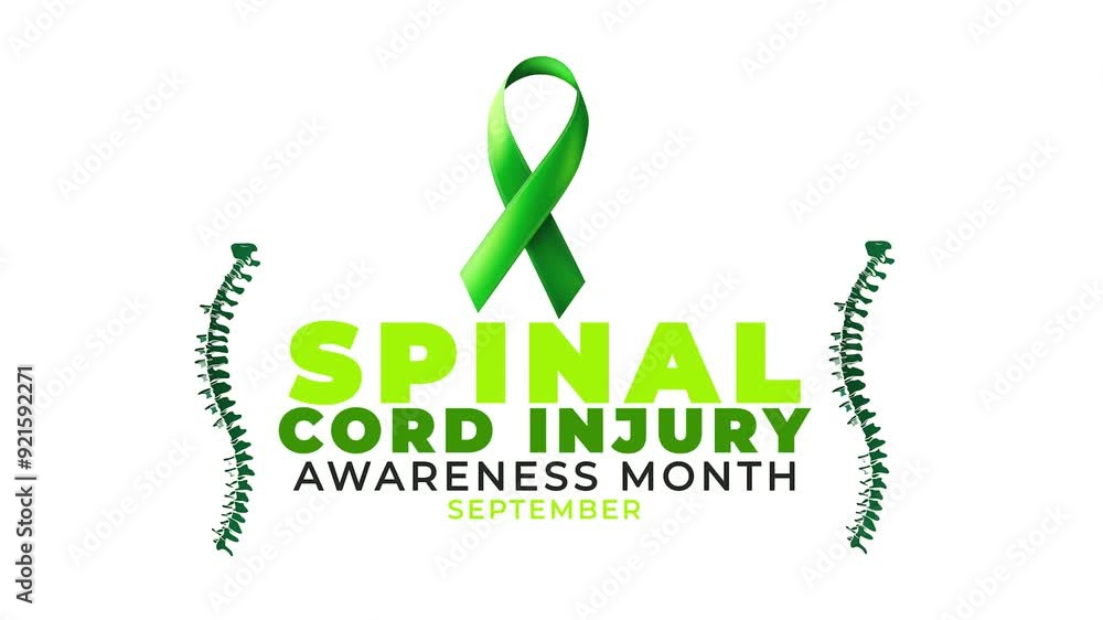 Spinal cord injury awareness month. Green color ribbon and spinal wave ...