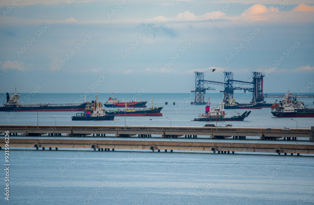 Logistic shipping quay boat in twilight sky night Engineering crane ...