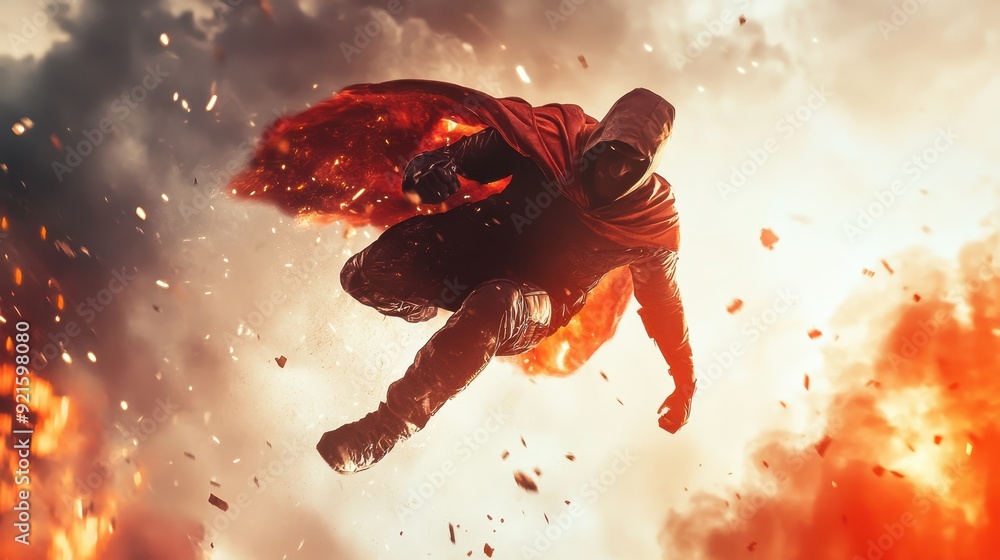 Mysterious hooded figure in red cape falling through fiery sky Stock ...