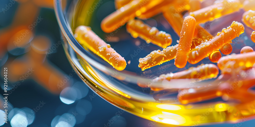 "Orange rod-shaped bacteria in a petri dish under microscopic view ...