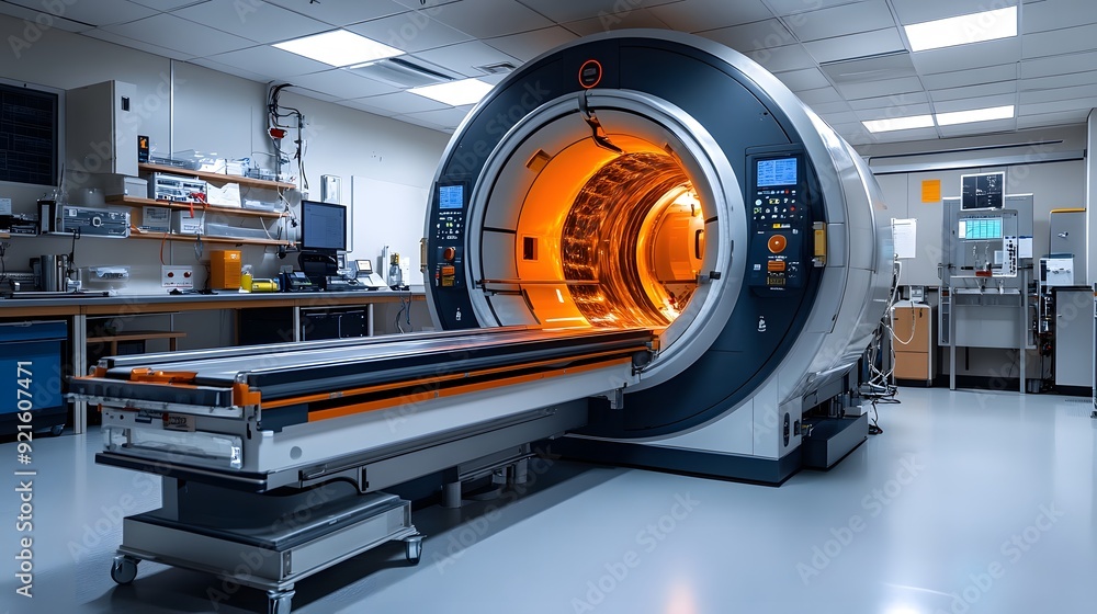 detailed view of a magnetic resonance imaging (MRI) magnet in a physics ...