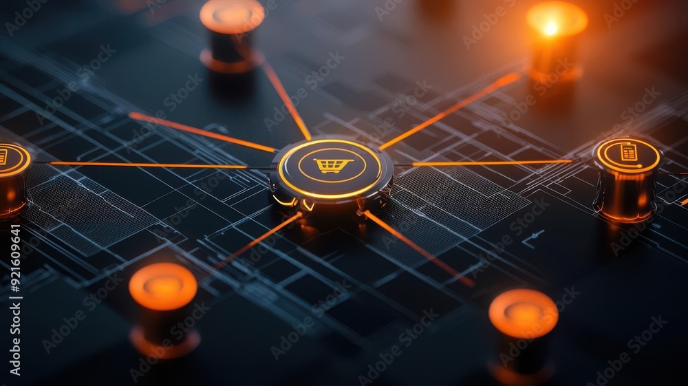 Complex network of transaction nodes connecting to a central hub ...