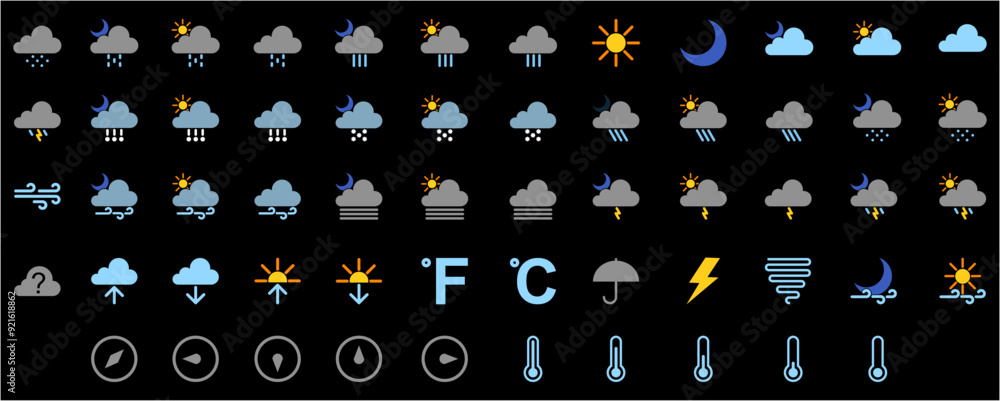 Weather forecast icon symbol, overcast The set contains icons: Sun ...